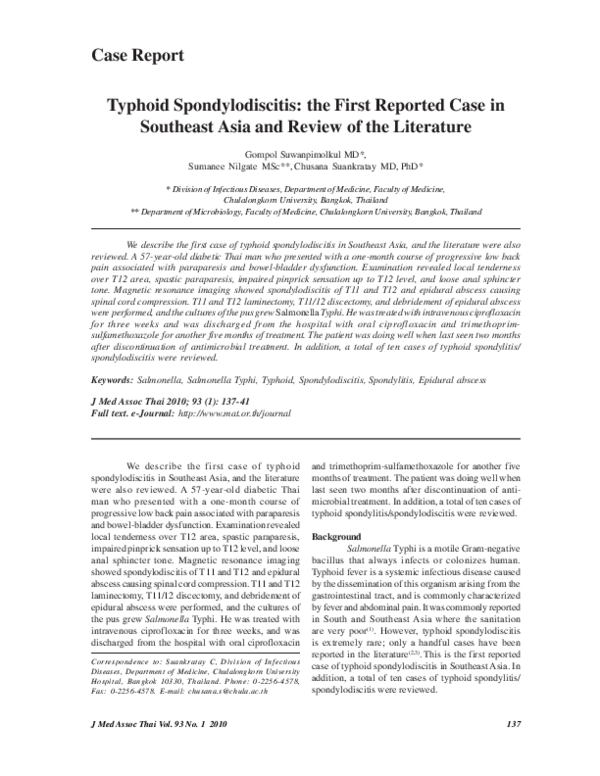 (PDF) Typhoid spondylodiscitis: the first reported case in Southeast ...
