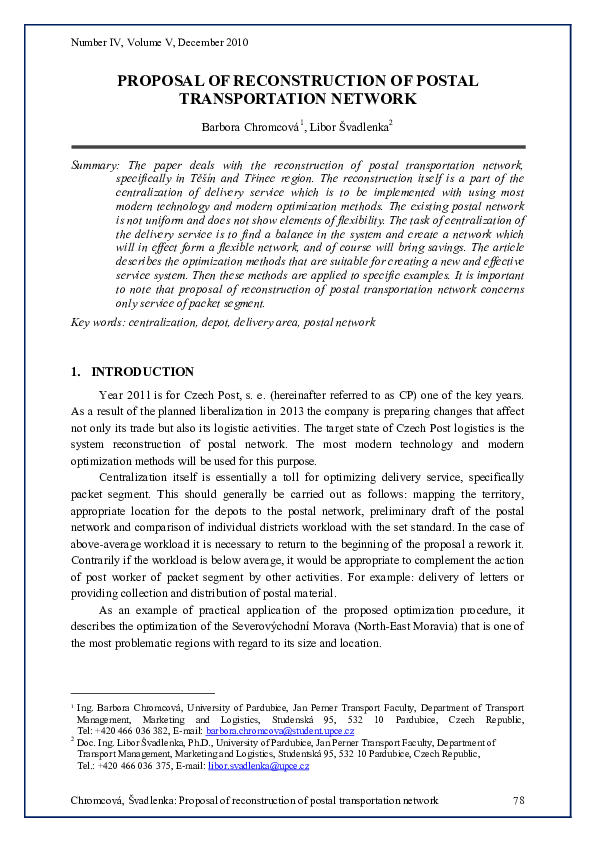 (PDF) Proposal of Reconstruction of Postal Transportation Network