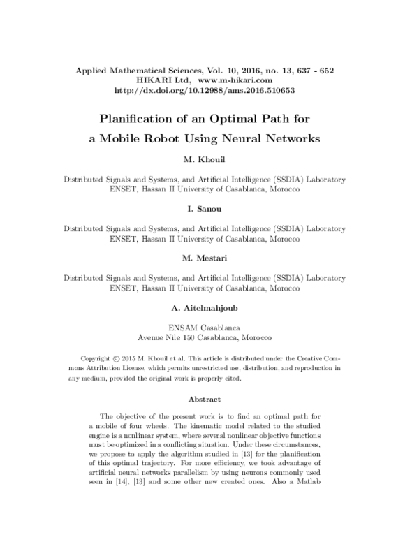 (PDF) Planification of an optimal path for a mobile robot using neural networks