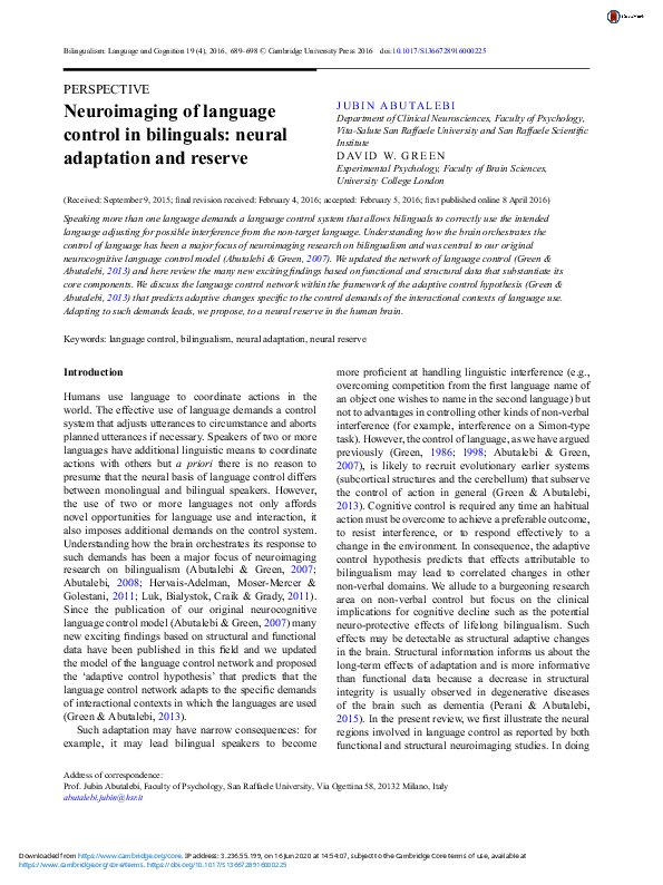 (PDF) Neuroimaging of language control in bilinguals: neural adaptation ...
