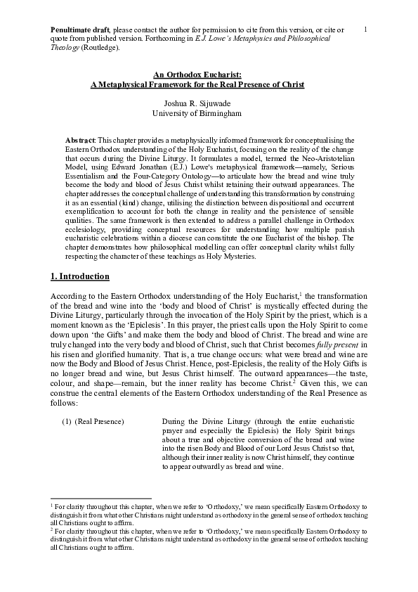 (PDF) An Orthodox Eucharist: A Metaphysical Framework for the Real ...