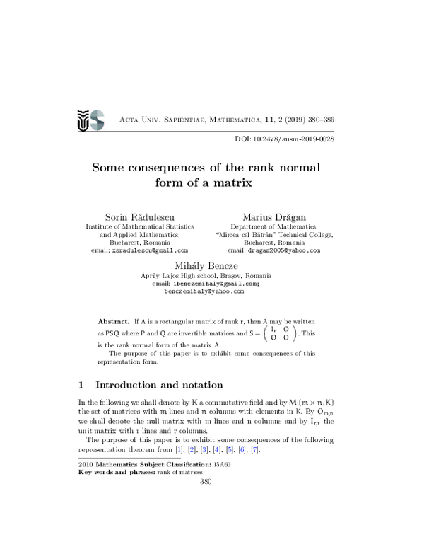 (PDF) Some consequences of the rank normal form of a matrix