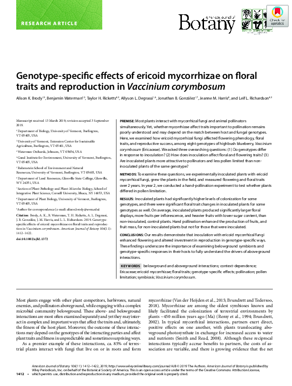 (PDF) Genotype‐specific effects of ericoid mycorrhizae on floral traits ...