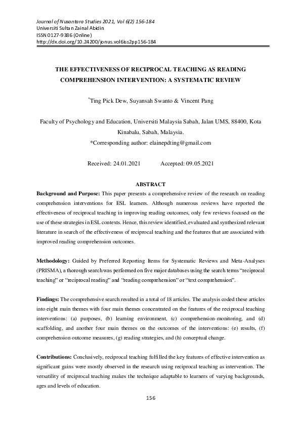 (PDF) The Effectiveness of Reciprocal Teaching as Reading Comprehension ...