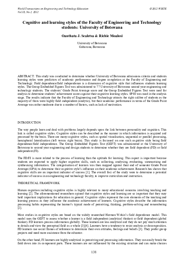 (PDF) Cognitive and learning styles of the Faculty of Engineering and ...