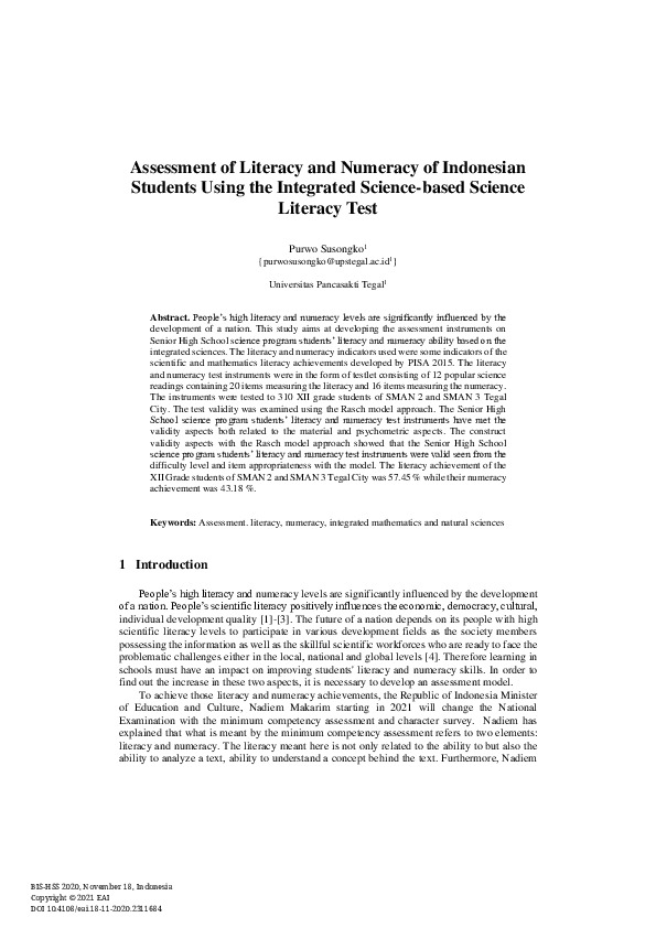 (PDF) Assessment of Literacy and Numeracy of Indonesian Students Using ...