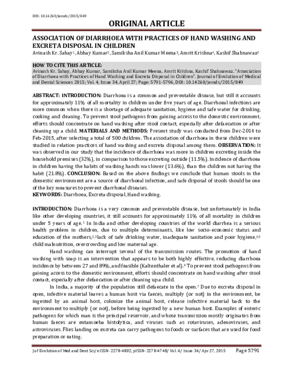 (PDF) Association of Diarrhoea with Practices of Hand Washing and ...