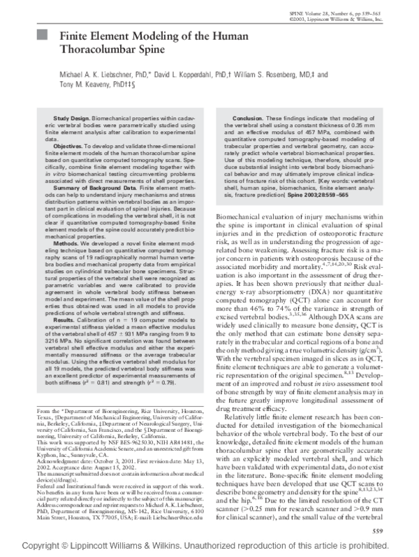 (PDF) Finite Element Modeling of the Human Thoracolumbar Spine