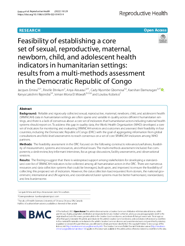 (PDF) Feasibility of establishing a core set of sexual, reproductive ...