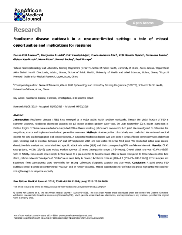 (PDF) Foodborne disease outbreak in a resource-limited setting: a tale ...
