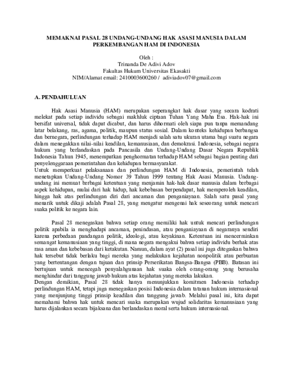 (PDF) MEMAKNAI PASAL 28 UNDANG-UNDANG HAK ASASI MANUSIA DALAM ...