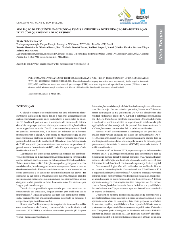 (PDF) Avaliação da eficiência das técnicas ESI-MS e ATR/FTIR na ...