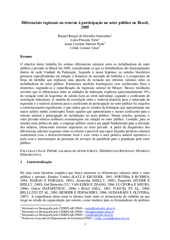 (PDF) Diferenciais Regionais No Retorno À Participação No Setor Público ...