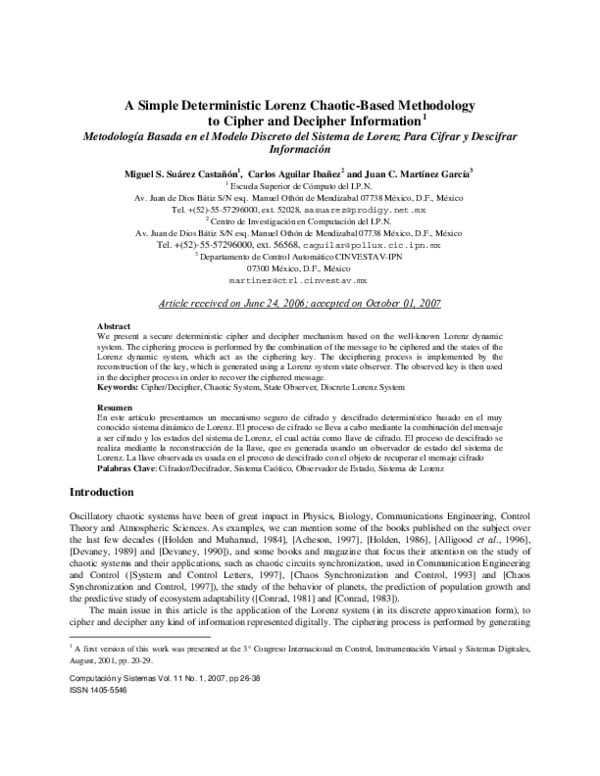 (PDF) A Simple Deterministic Lorenz Chaotic-Based Methodology to Cipher ...
