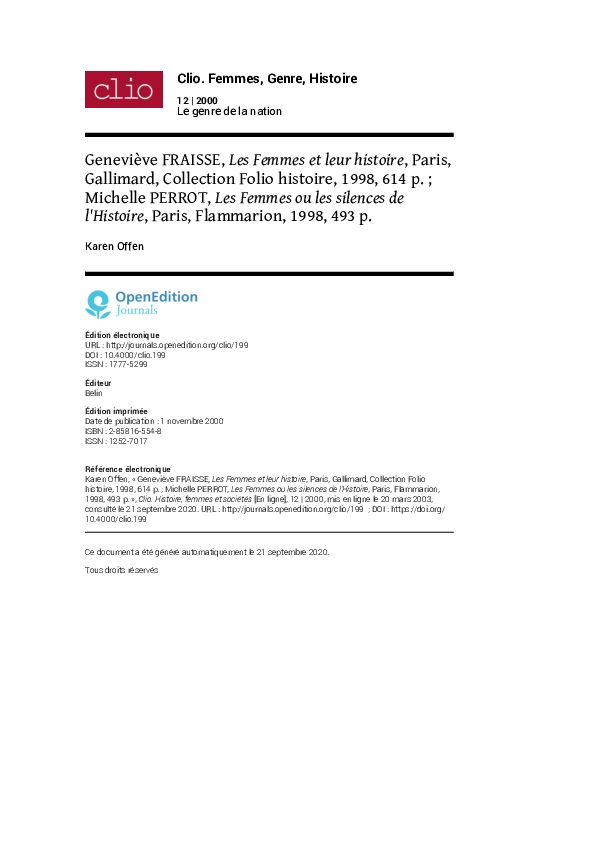 (PDF) Geneviève FRAISSE, Les Femmes et leur histoire, Paris, Gallimard ...
