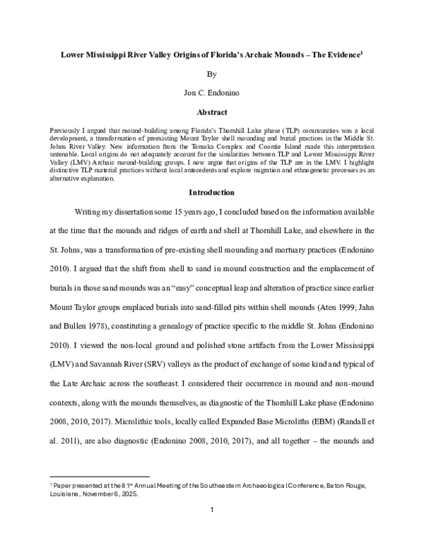 (PDF) Lower Mississippi River Valley Origins of Florida's Archaic ...
