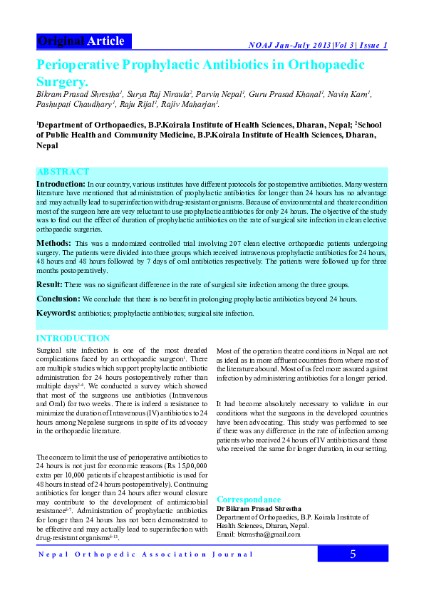 (PDF) Perioperative Prophylactic Antibiotics in Orthopaedic Surgery