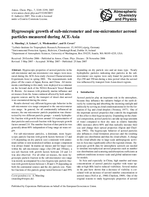 (PDF) Hygroscopic growth of sub-micrometer and one-micrometer aerosol ...