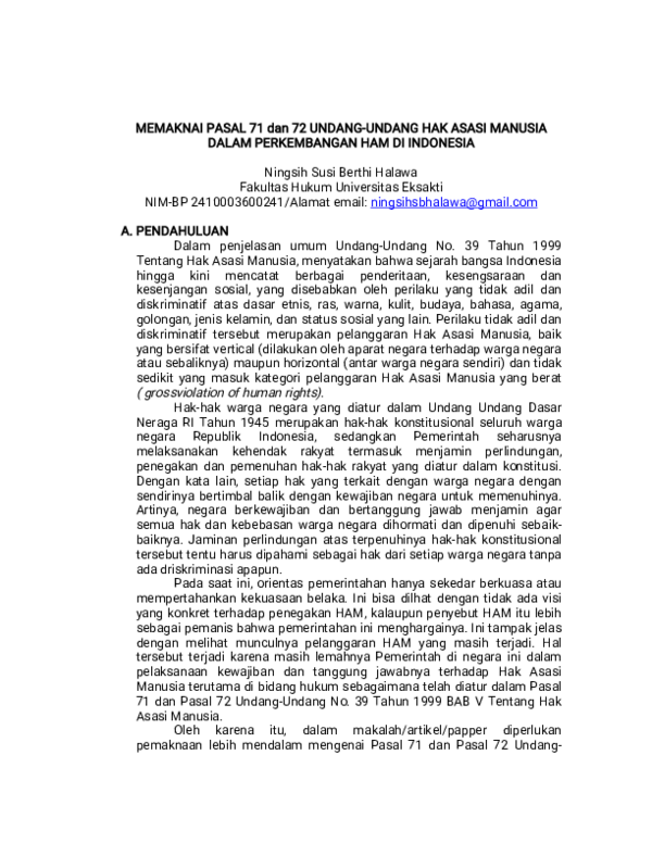 (PDF) MEMAKNAI PASAL 71 dan 72 UNDANG-UNDANG HAK ASASI MANUSIA DALAM ...