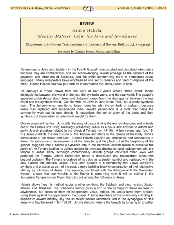 (PDF) Raimo Hakola Identity Matters: John, the Jews and Jewishness