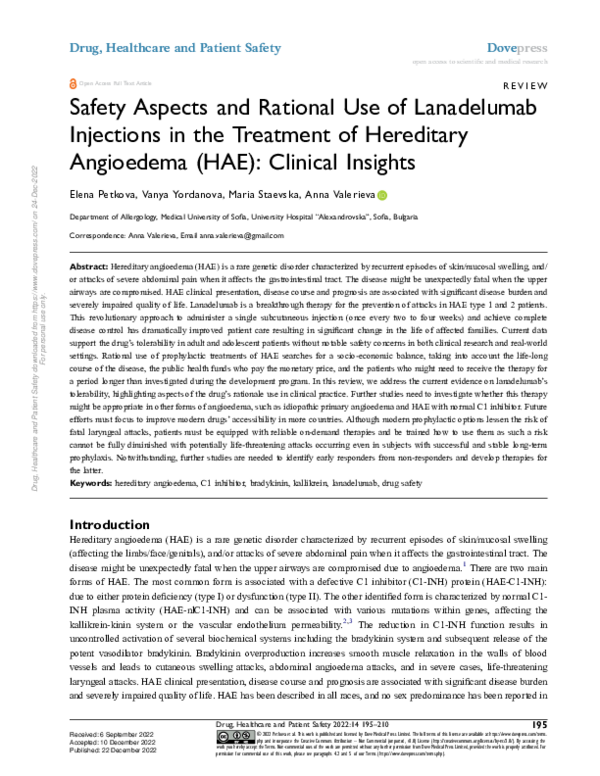 (PDF) Safety Aspects and Rational Use of Lanadelumab Injections in the ...