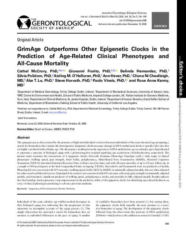 (PDF) GrimAge Outperforms Other Epigenetic Clocks in the Prediction of ...