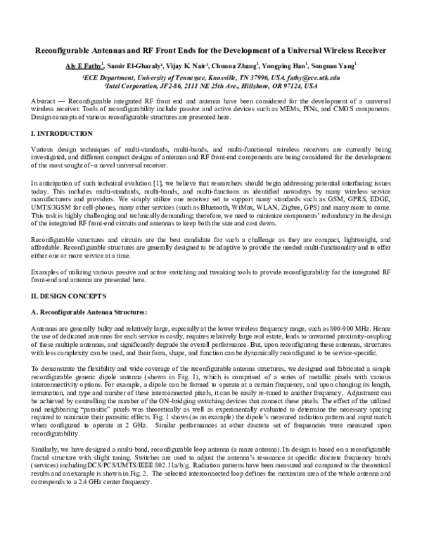 (PDF) Reconfigurable Antennas and RF Front Ends for the Development of ...
