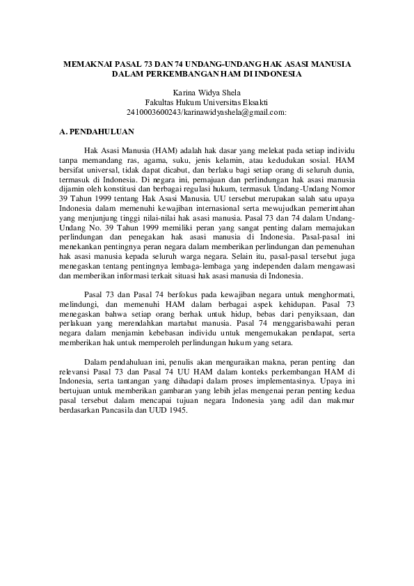 (PDF) MEMAKNAI PASAL 73 DAN 74 UNDANG-UNDANG HAK ASASI MANUSIA DALAM ...