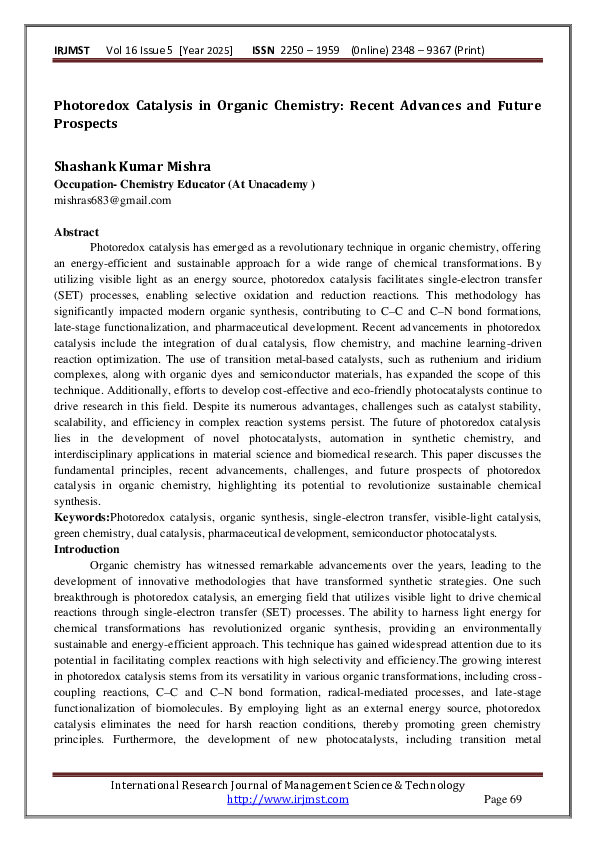 (PDF) Photoredox Catalysis in Organic Chemistry: Recent Advances and ...