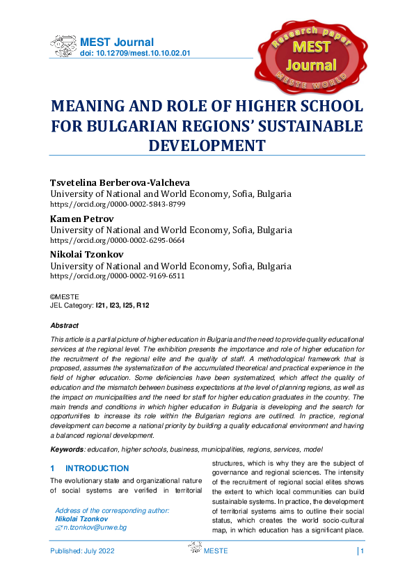 (PDF) Meaning and Role of Higher School for Bulgarian Regions ...