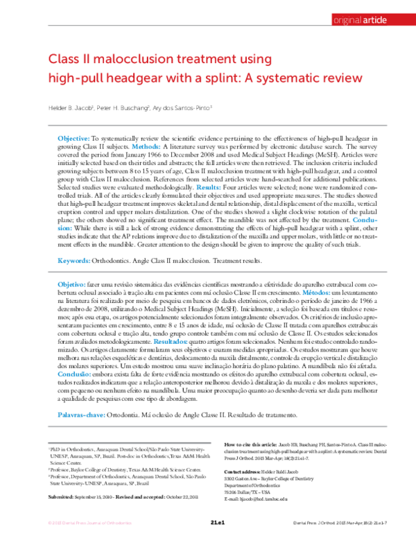 (PDF) Class II malocclusion treatment using high-pull headgear with a ...