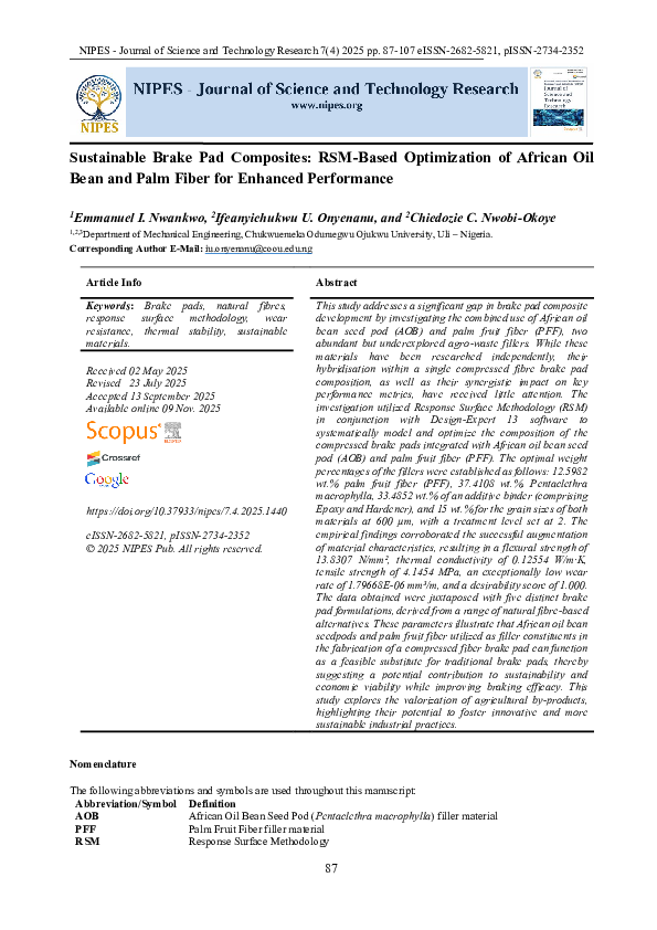 (PDF) Sustainable Brake Pad Composites: RSM-Based Optimization of ...