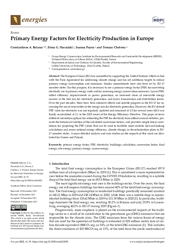 (PDF) Primary Energy Factors for Electricity Production in Europe