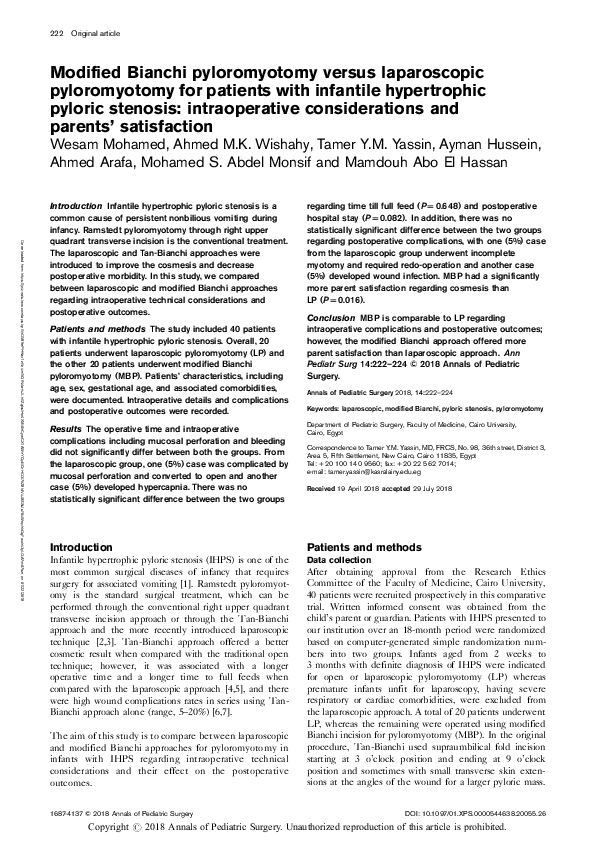 (PDF) Modified Bianchi pyloromyotomy versus laparoscopic pyloromyotomy ...