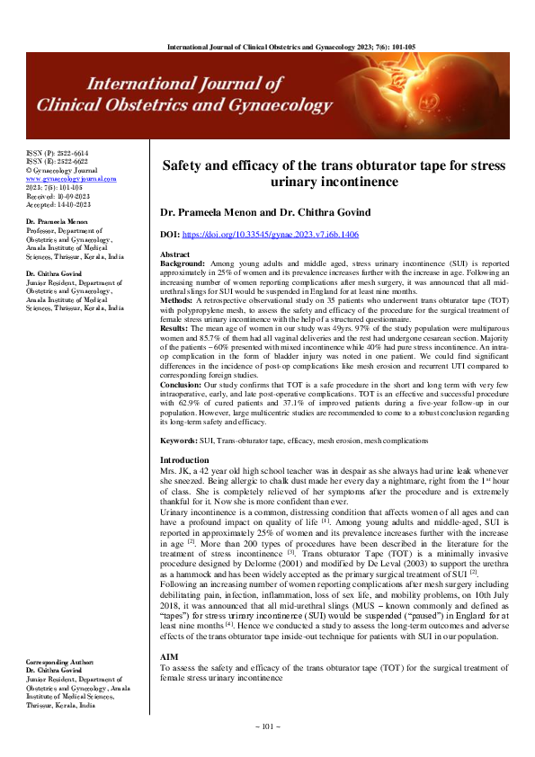 (PDF) Safety and efficacy of the trans obturator tape for stress ...