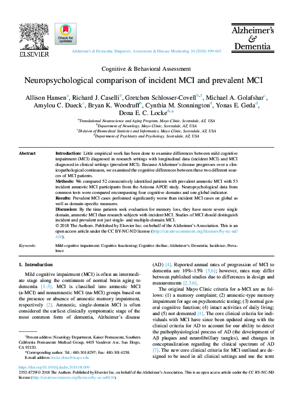 (PDF) Neuropsychological comparison of incident MCI and prevalent MCI