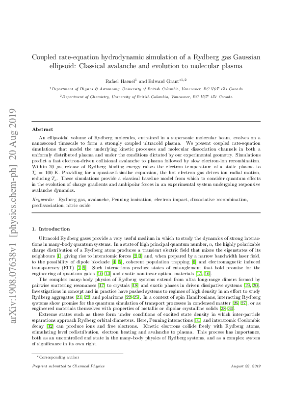 (PDF) Coupled rate-equation hydrodynamic simulation of a Rydberg gas ...