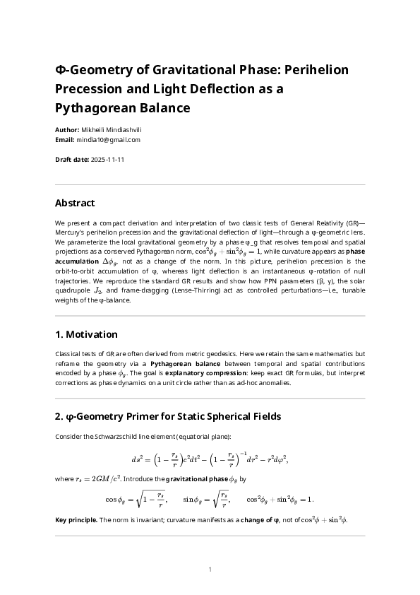 (PDF) Φ-Geometry of Gravitational Phase: Perihelion Precession and ...