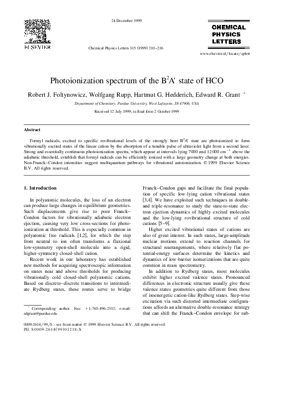 (PDF) Photoionization spectrum of the B2A′ state of HCO