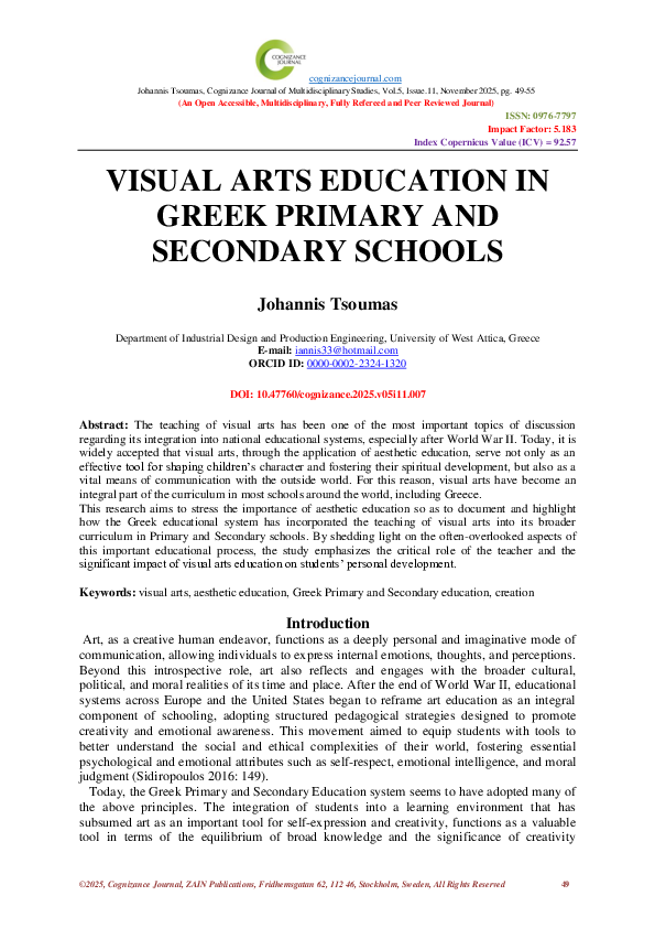 (PDF) VISUAL ARTS EDUCATION IN GREEK PRIMARY AND SECONDARY SCHOOLS