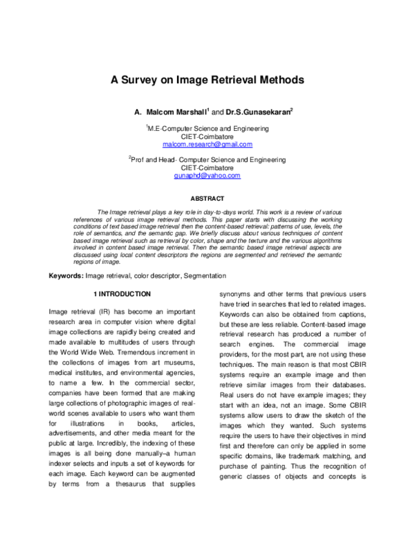 (PDF) A Survey on Image Retrieval Methods