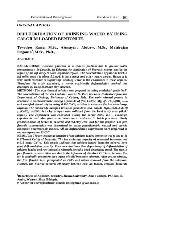 (PDF) Defluoridation of Drinking Water by Using Calcium Loaded Bentonite