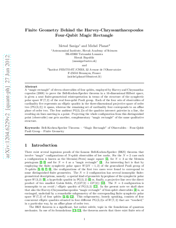 (PDF) Finite geometry behind the Harvey-Chryssanthacopoulos four-qubit ...