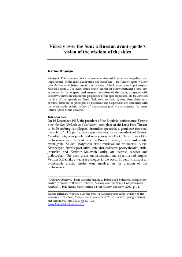 (PDF) Victory over the Sun: a Russian avant-garde's vision of the ...