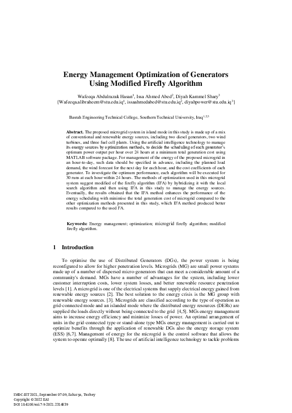 (PDF) Energy Management Optimization of Generators Using Modified Firefly Algorithm