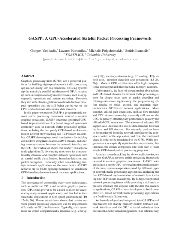 (PDF) GASPP: a GPU-accelerated stateful packet processing framework