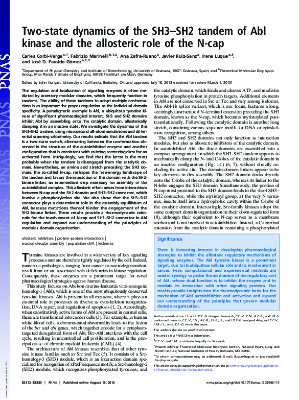 (PDF) Two-state dynamics of the SH3–SH2 tandem of Abl kinase and the ...