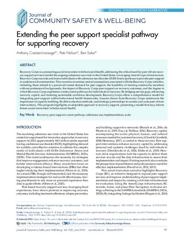 (PDF) Extending the peer support specialist pathway for supporting recovery