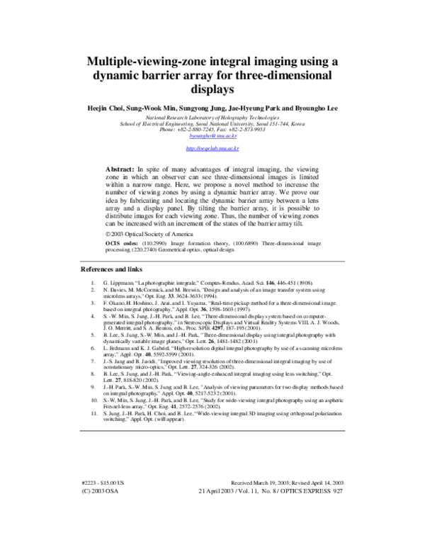 (PDF) Multiple-viewing-zone integral imaging using a dynamic barrier ...