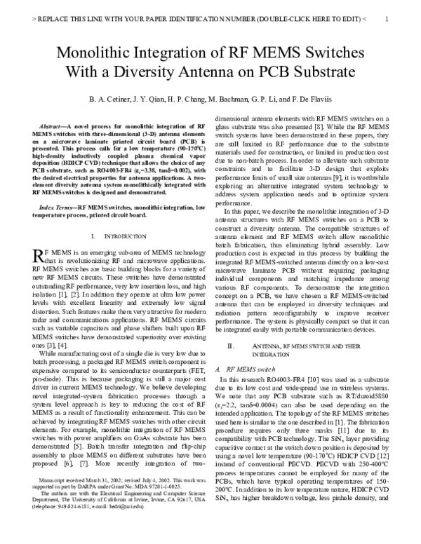 (PDF) Monolithic integration of RF MEMS switches with a diversity ...